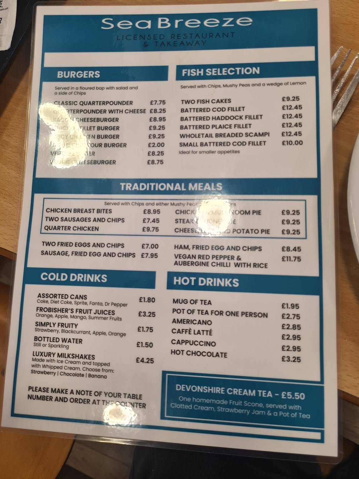 Menu at Sea Breeze restaurant, Dawlish