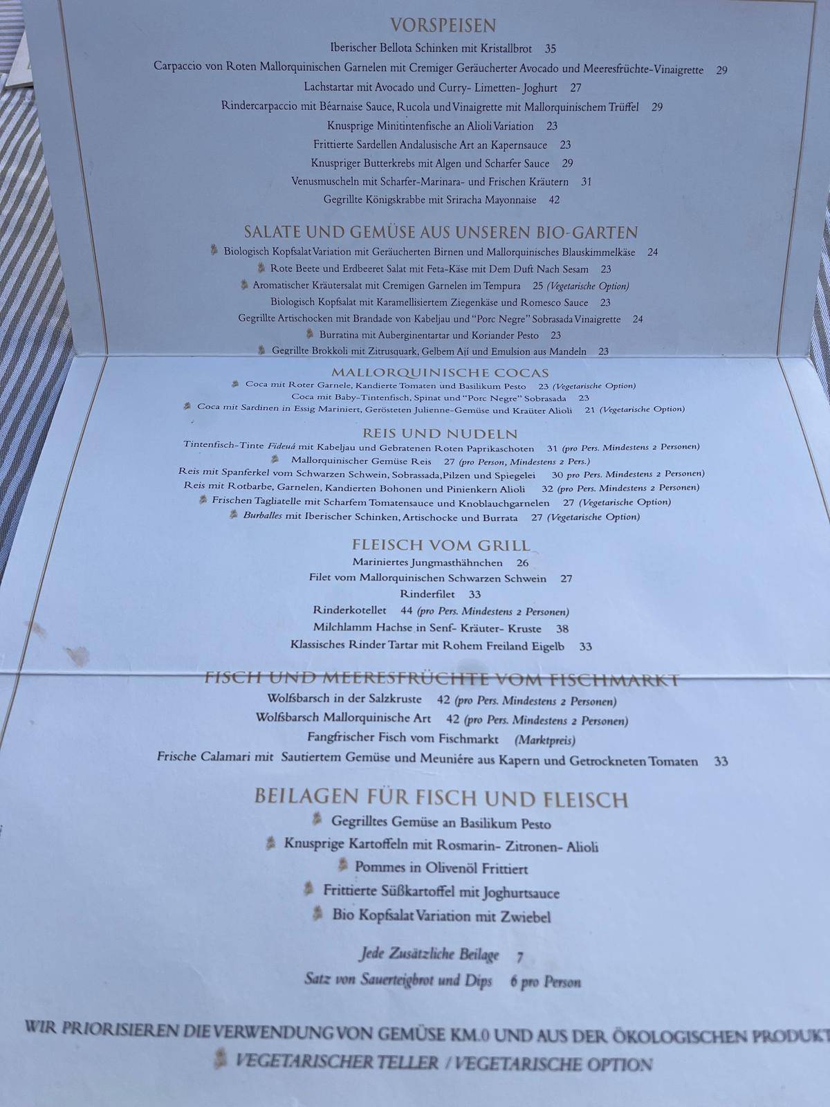 Menu at Sea Club, Cap Rocat, Cala Blava