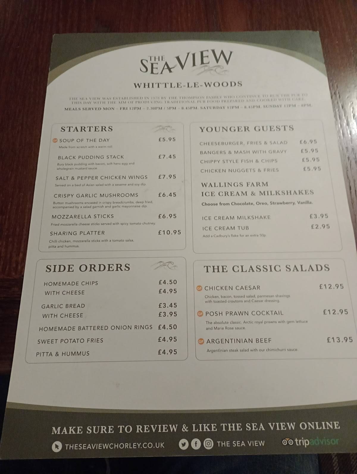 Menu at Sea View Inn pub & bar, Whittle-le-Woods, 2 Preston Rd