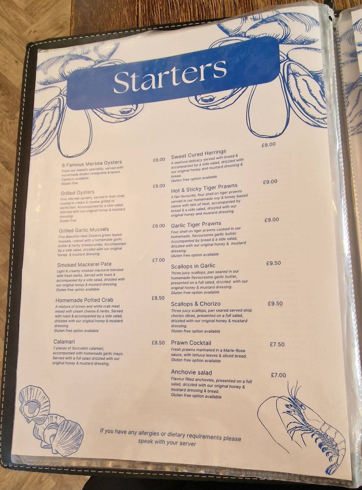 Menu at Seafood at dawn restaurant, West Mersea