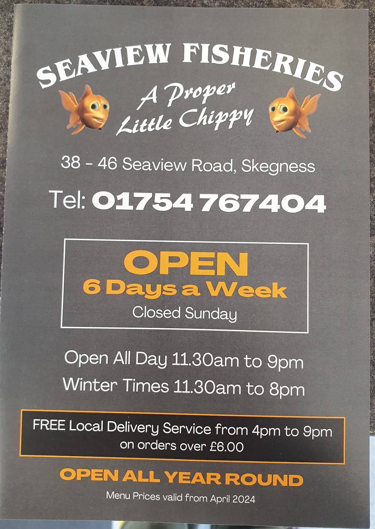 Menu at Seaview Fisheries fast food, Skegness
