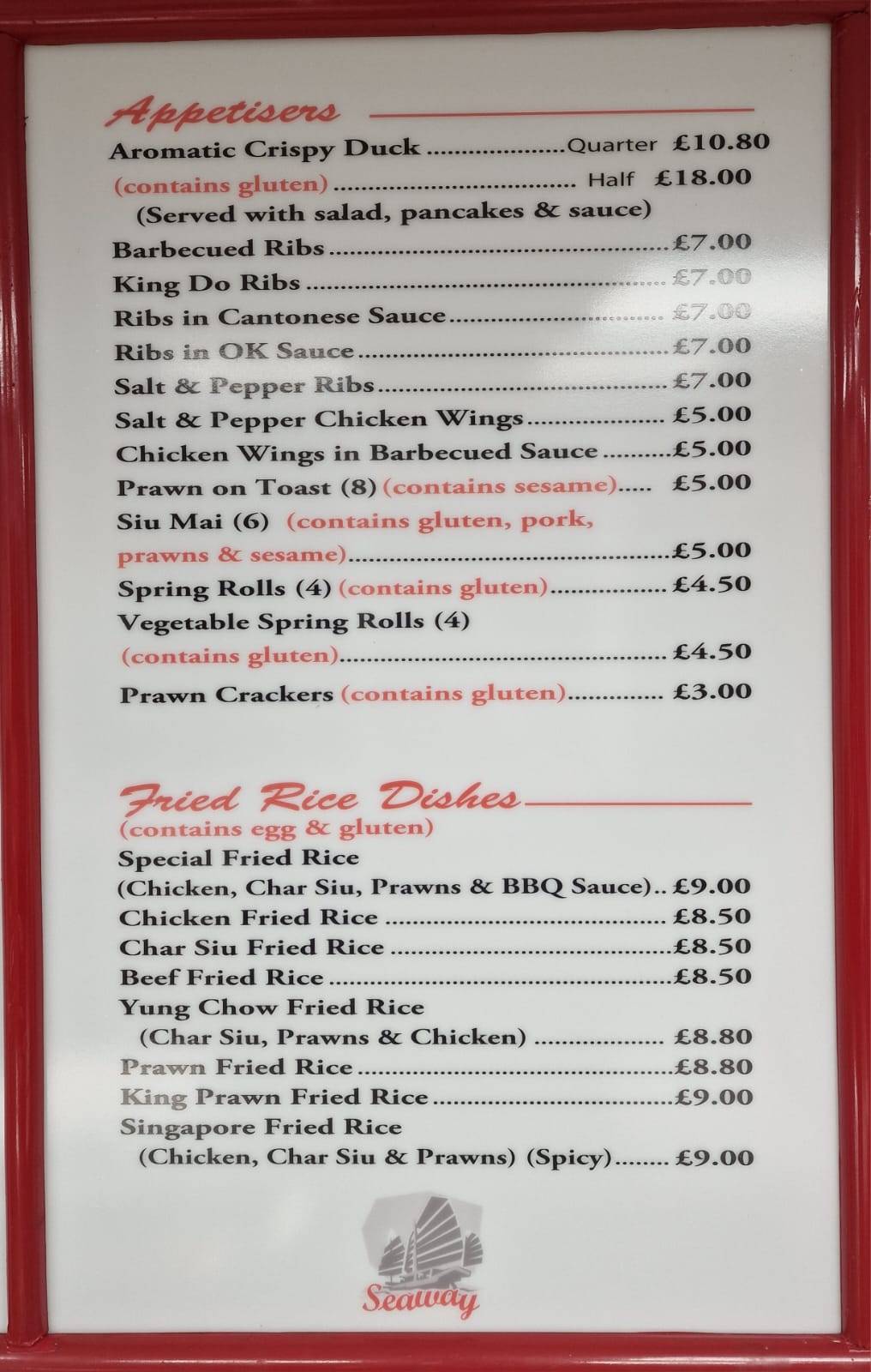 Menu at Seaway Chinese & Fish and Chips Takeaway fast food, Frodsham