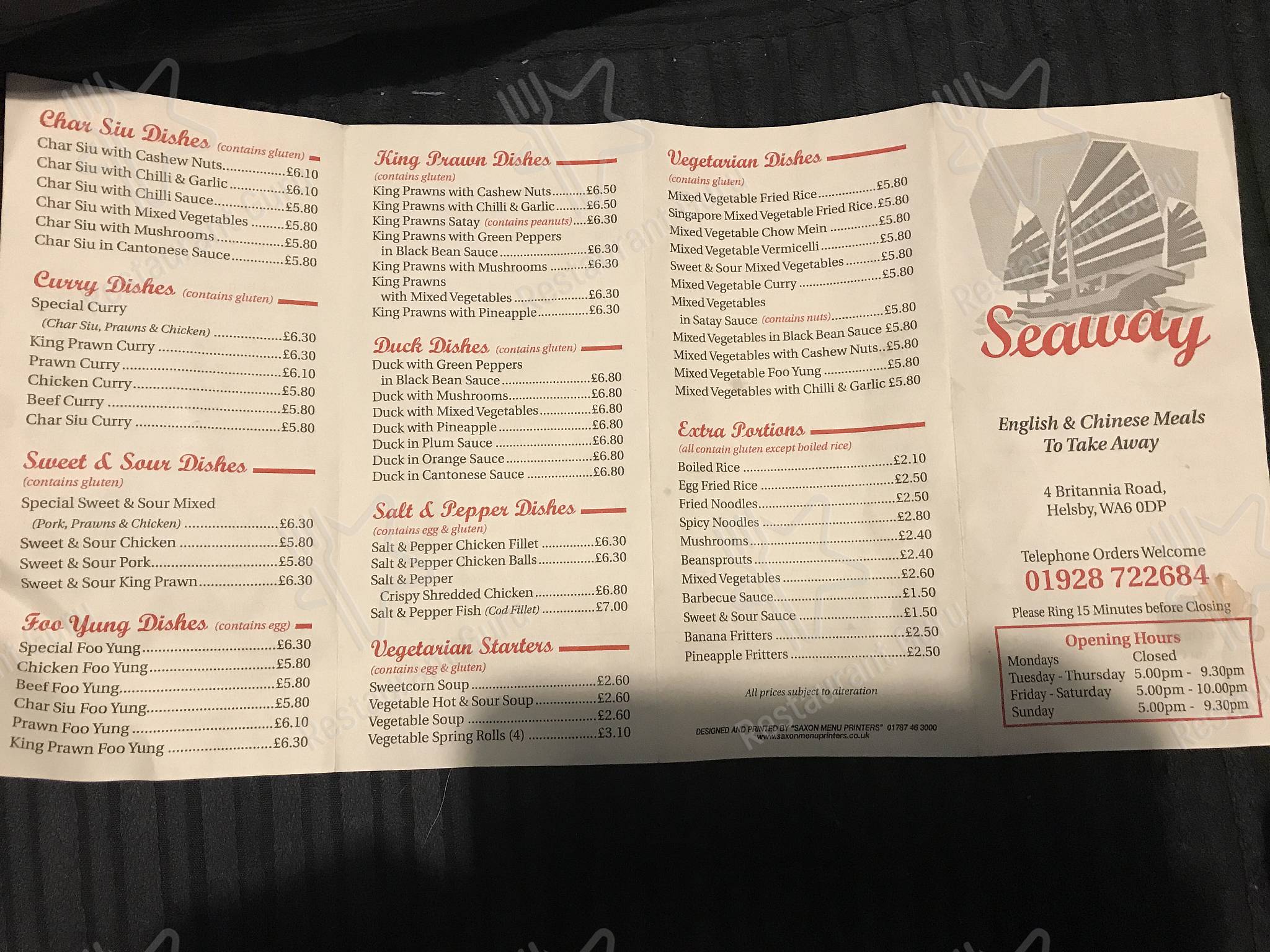 Menu at Seaway Chinese & Fish and Chips Takeaway restaurant, Frodsham