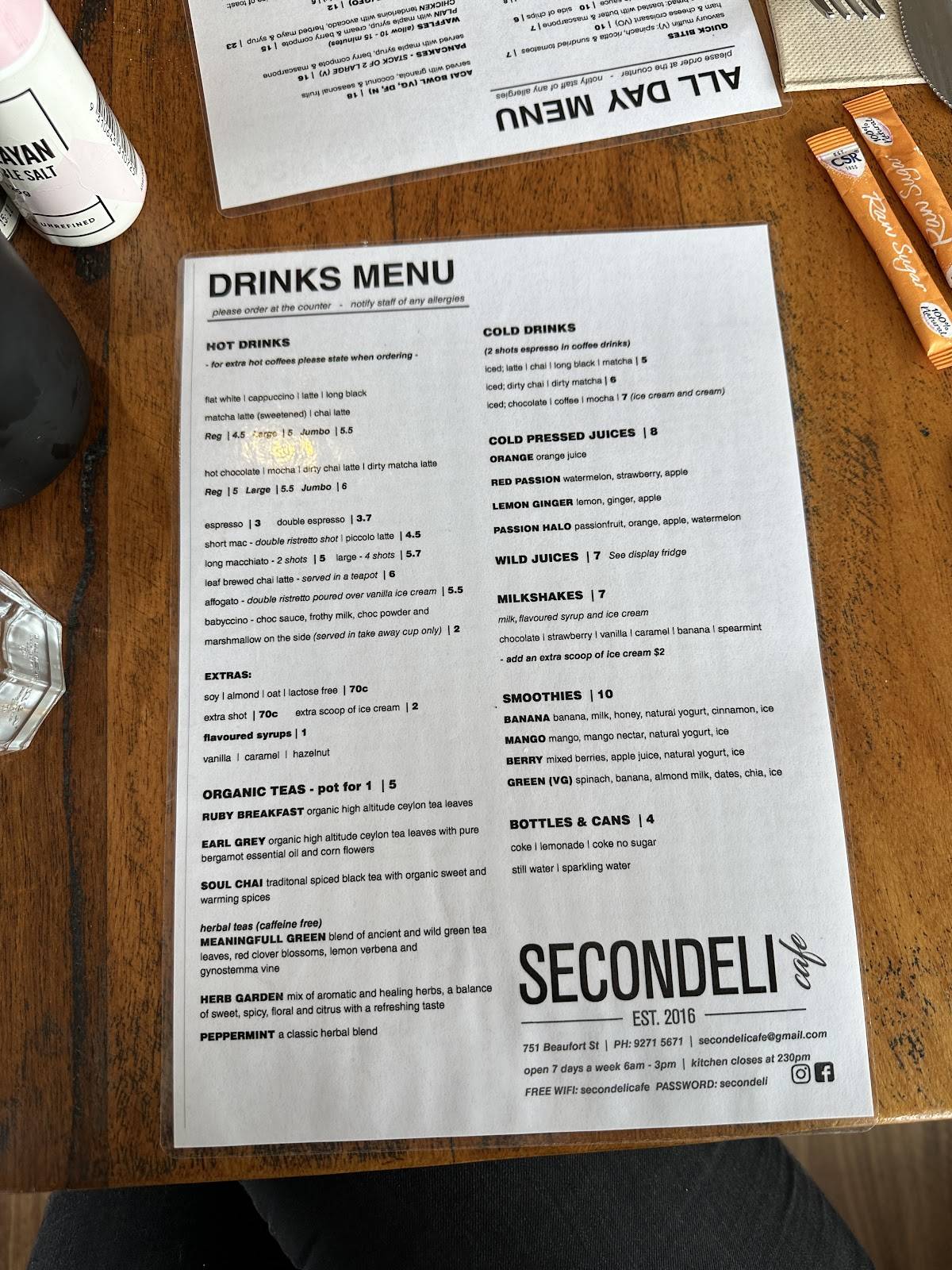 Menu at Secondeli Cafe, Mount Lawley