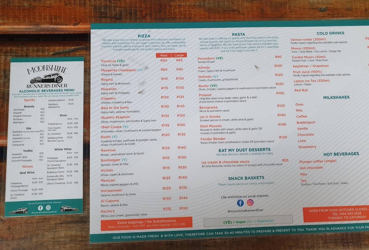 Menu at Moonshine runners Diner restaurant, Sedgefield