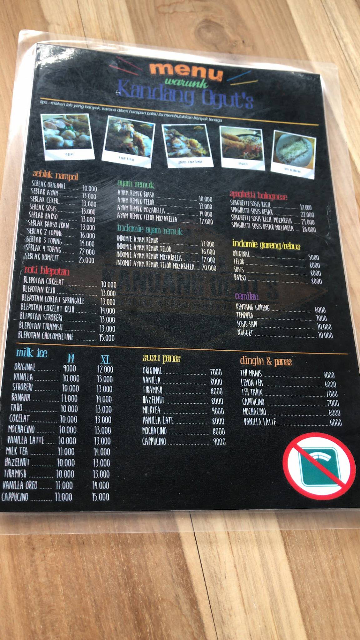 Menu at Kandang ogut's cafeteria, Semanu