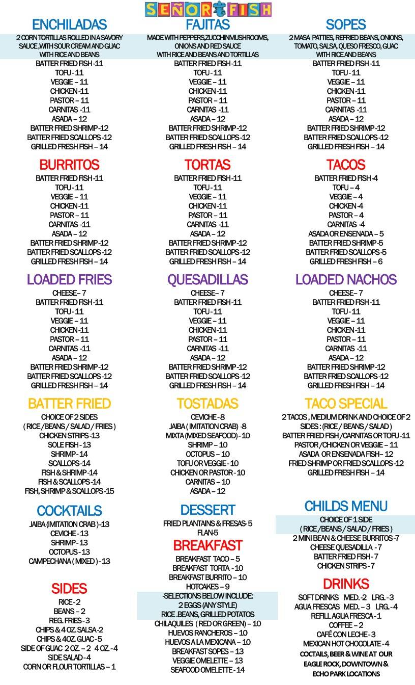 Menu at Señor Fish pub & bar, Los Angeles, Eagle Rock Blvd