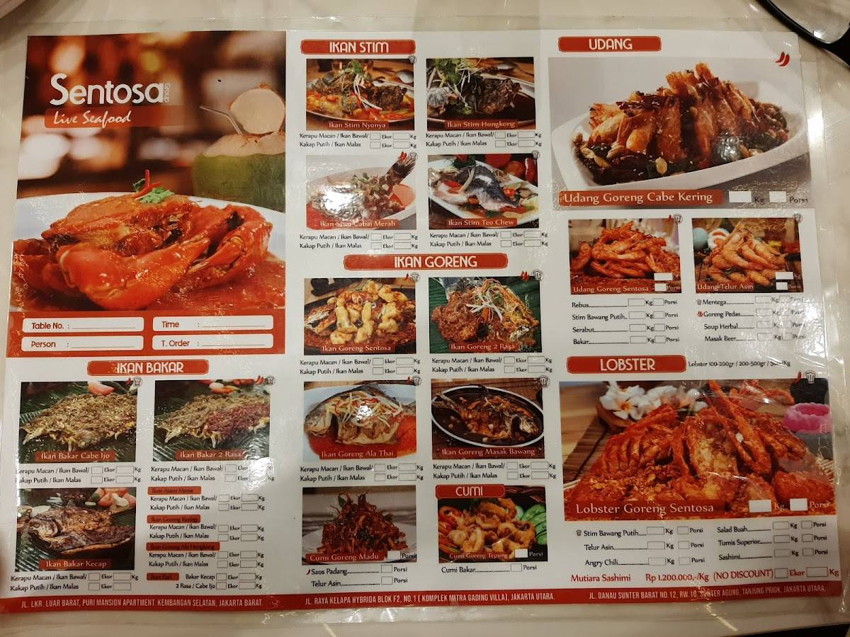 Menu at Sentosa Seafood One Belpark restaurant, South Jakarta