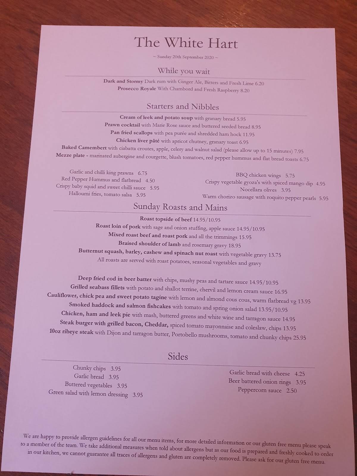 Menu at The White Hart pub & bar, Sevenoaks, Tonbridge Rd