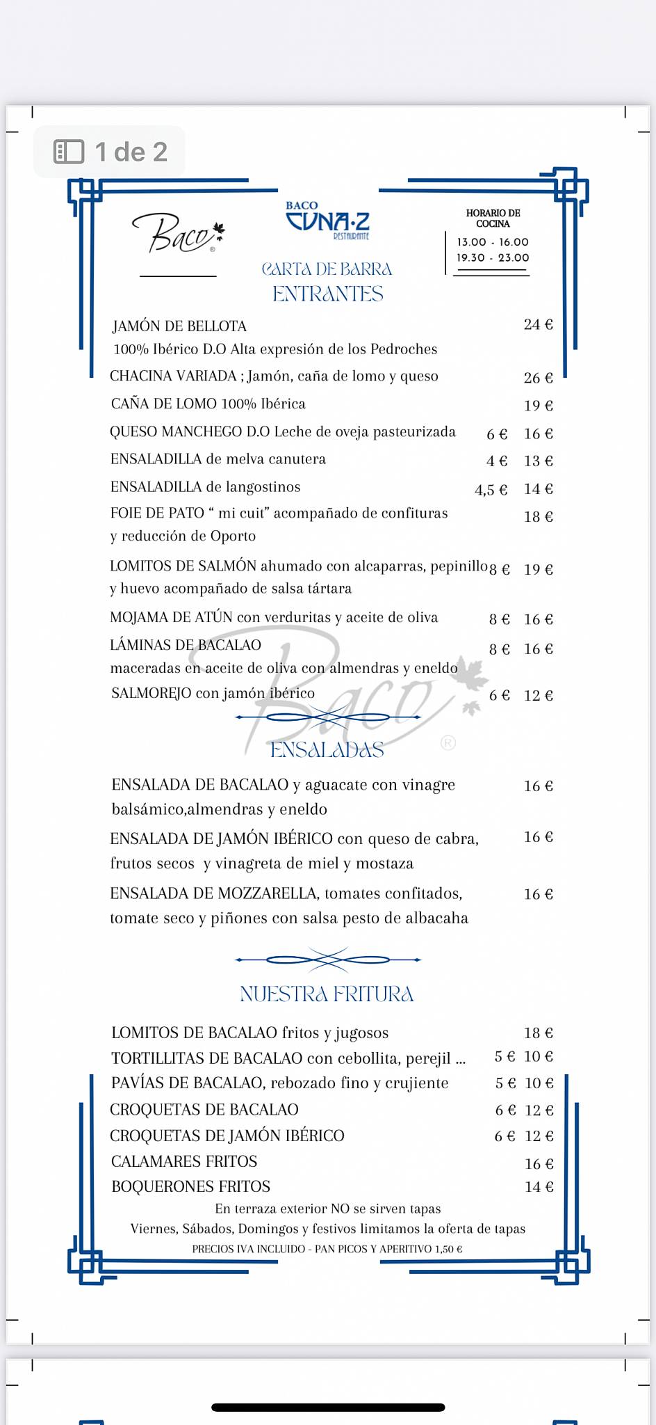 Carta del pub y bar Baco Victoria Eugenia, Sevilla, Plaza Villasís