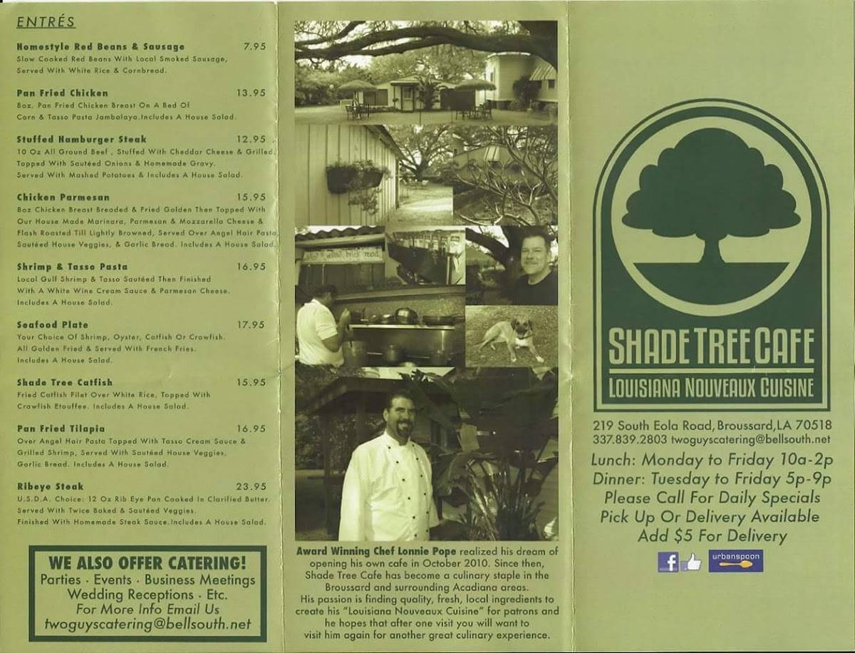 Menu at Shade Tree Cafe, Broussard
