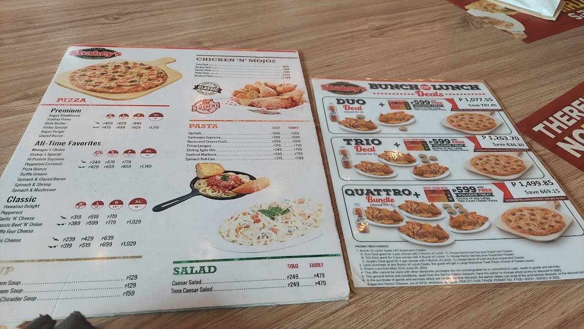 Menu at Shakey's Pizza Parlor restaurant, Ormoc