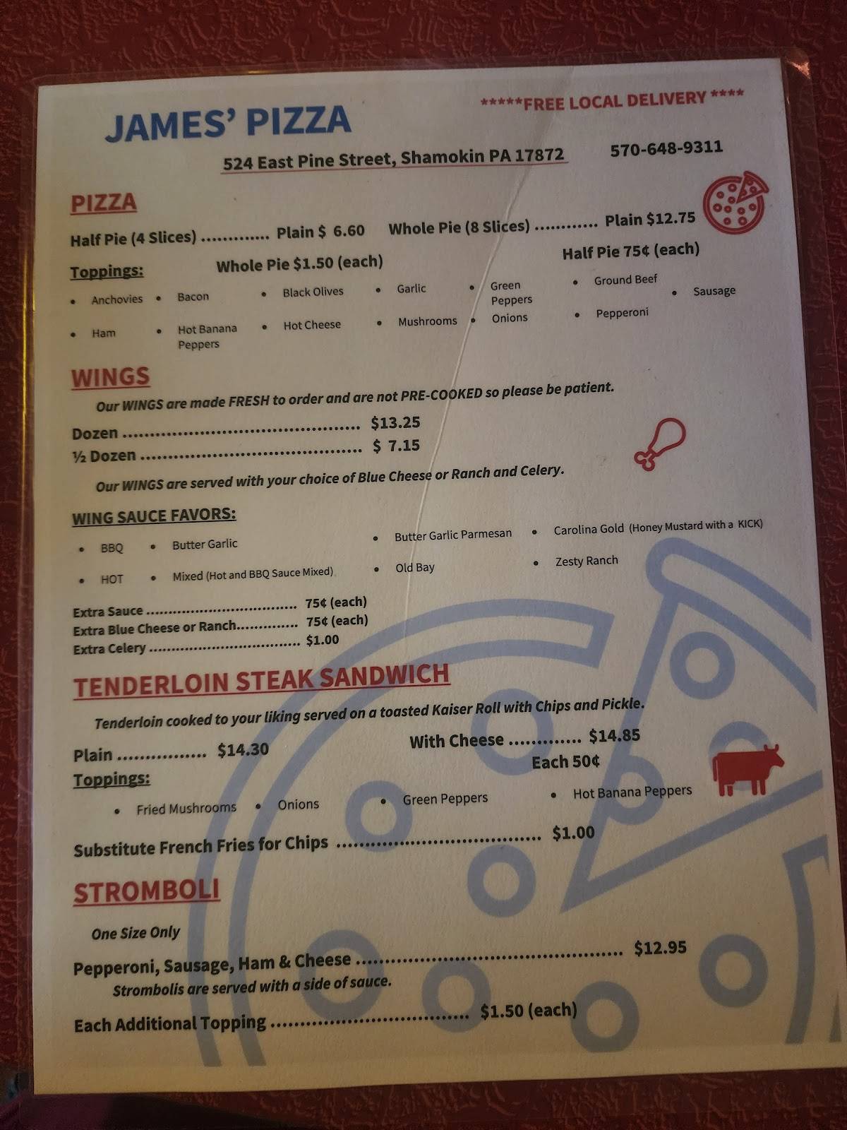 Menu at James' Pizza pizzeria, Shamokin
