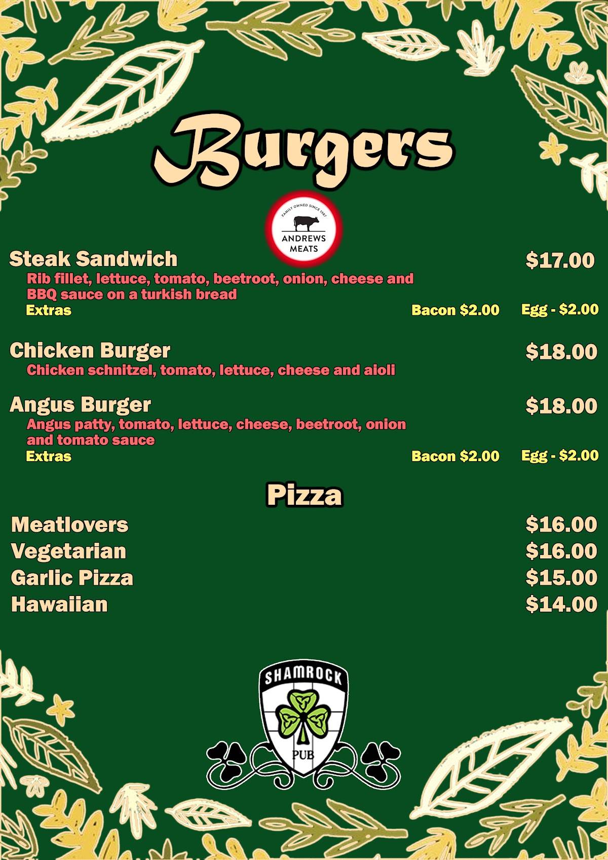 Menu at Shamrock Hotel Motel pub & bar, South Toowoomba
