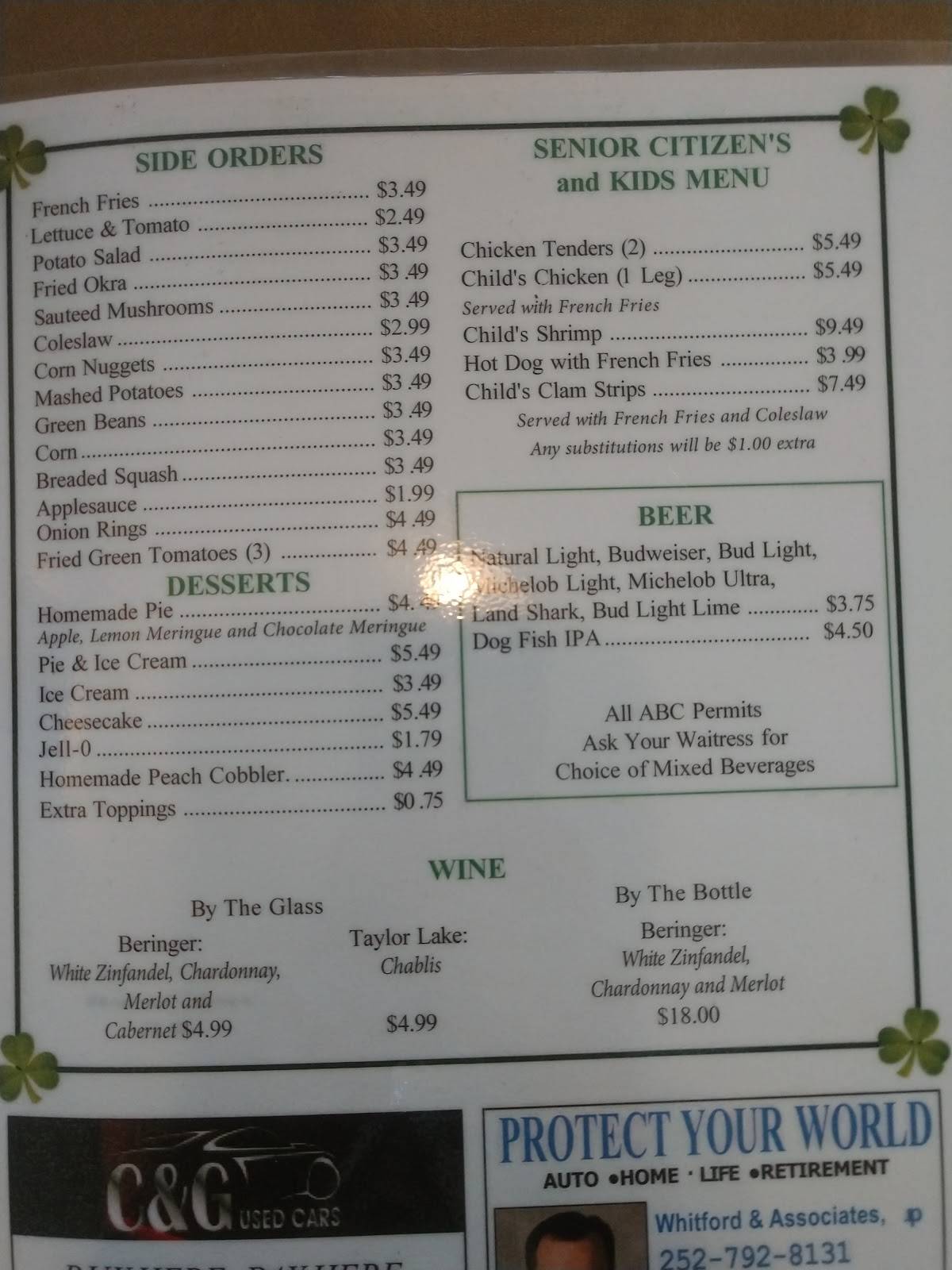 Menu at Shamrock Restaurant, Williamston, 101 West Blvd