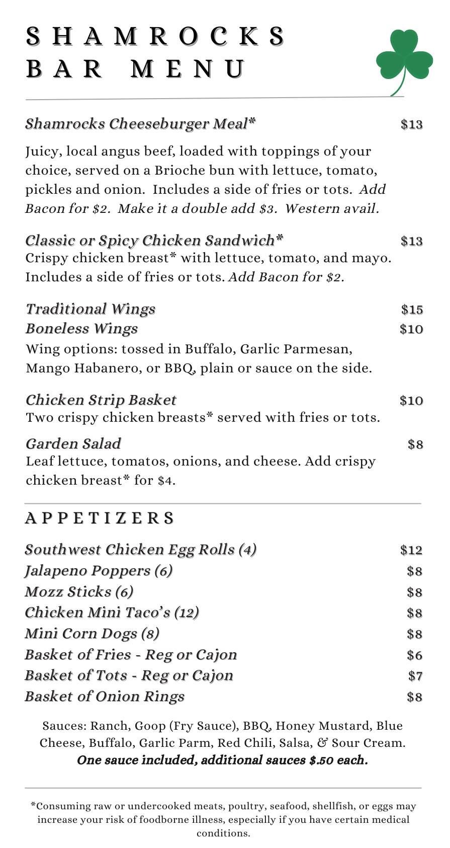Menu at Shamrocks Cocktail Bar, Riddle