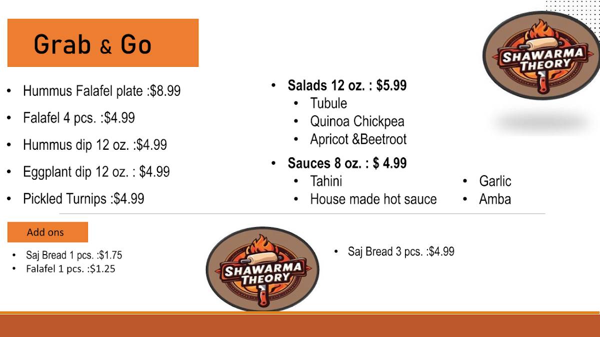 Menu at Shawarma Theory restaurant, Barrie