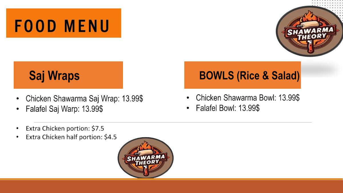 Menu at Shawarma Theory restaurant, Barrie
