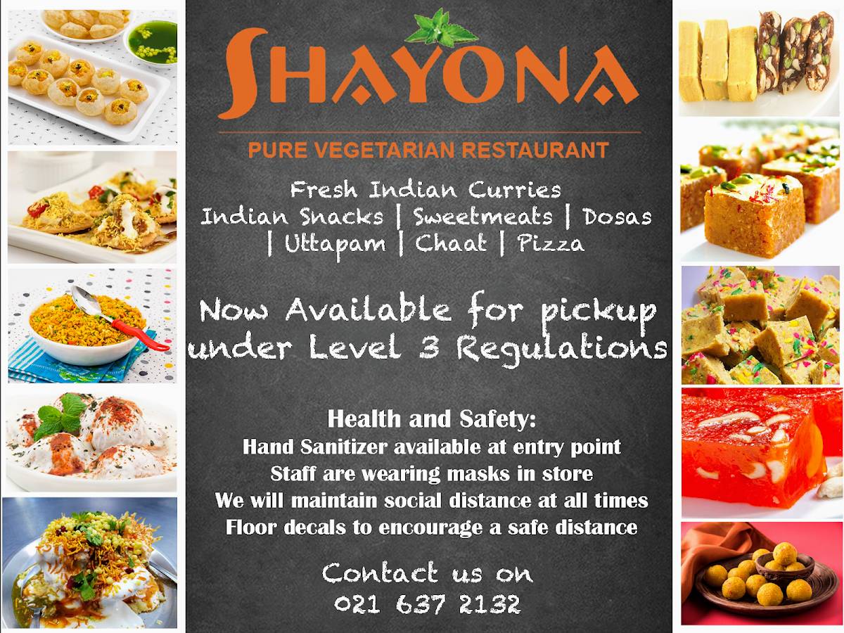 Menu at Shayona Cape Town restaurant, Cape Town