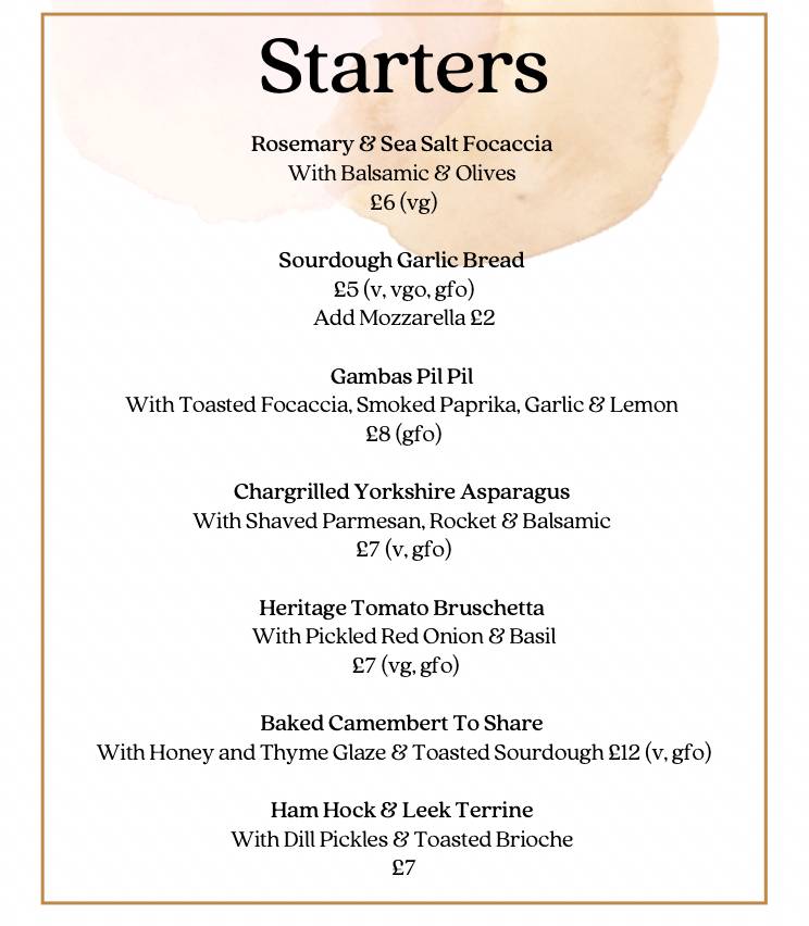 Menu at Luca restaurant, Sheffield