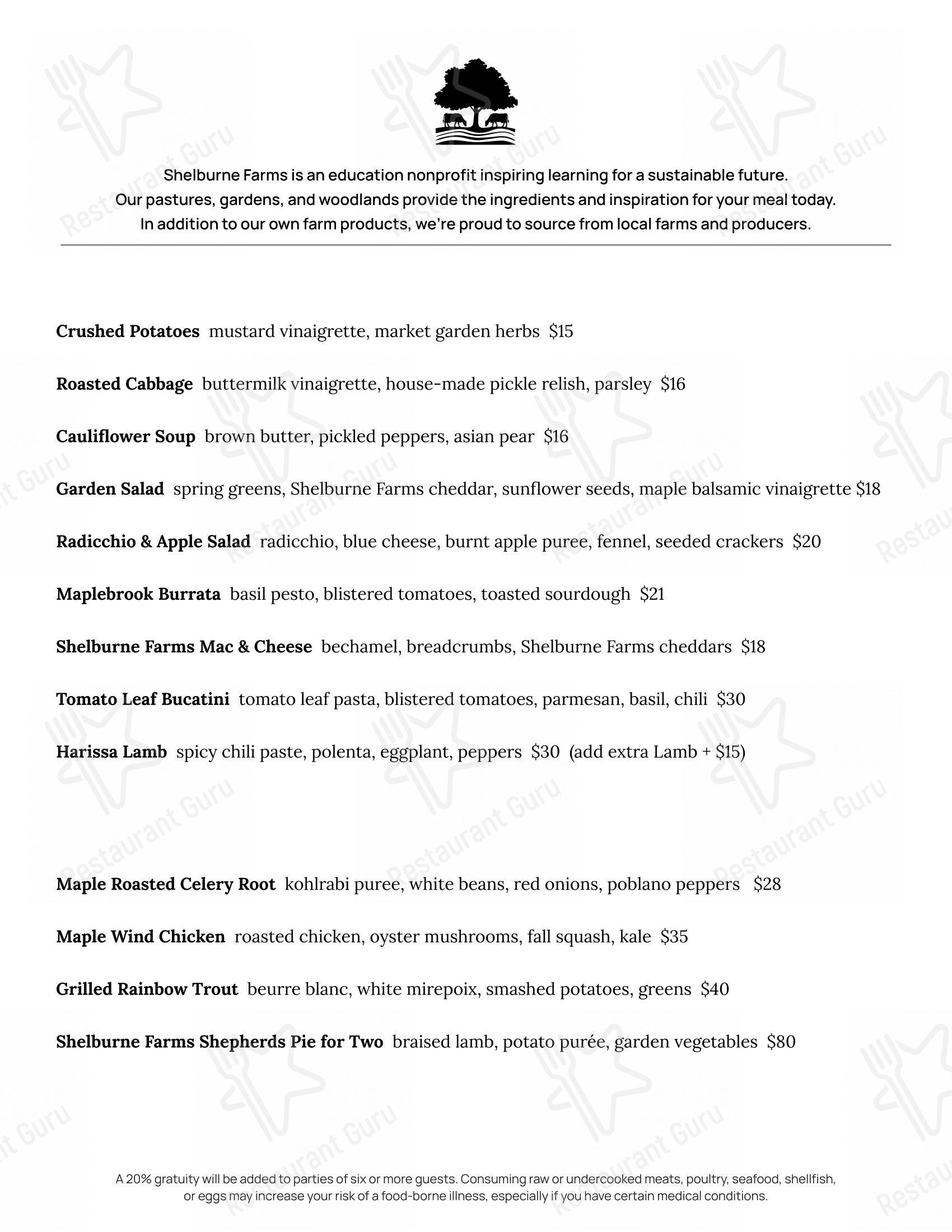 Menu at Shelburne Farms Inn restaurant, Shelburne, Harbor Rd
