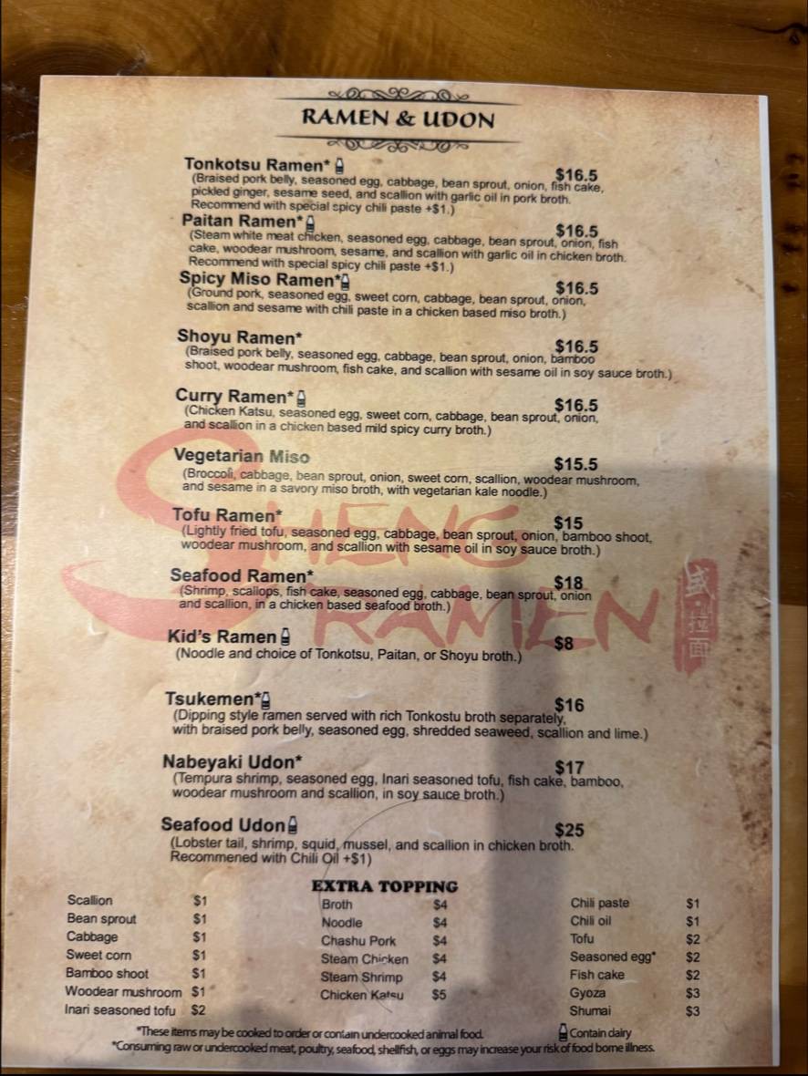 Menu at Sheng Ramen Ballantyne restaurant, Charlotte