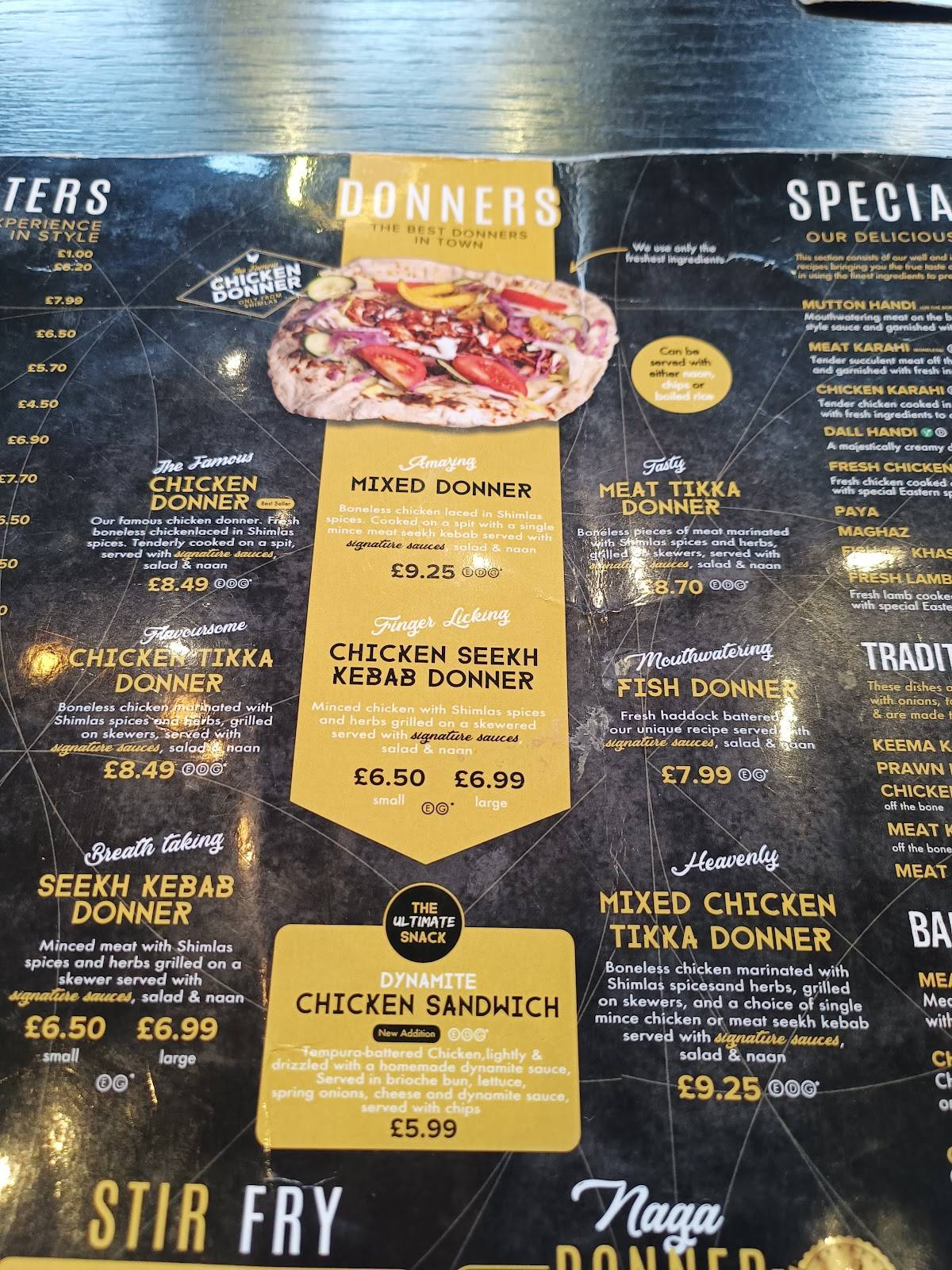 Menu at Shimlas Oldham restaurant, Oldham