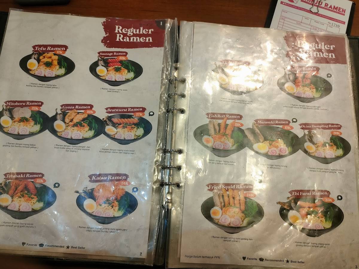 Carta del restaurante Shinju ramen Cicalengka, Indonesia