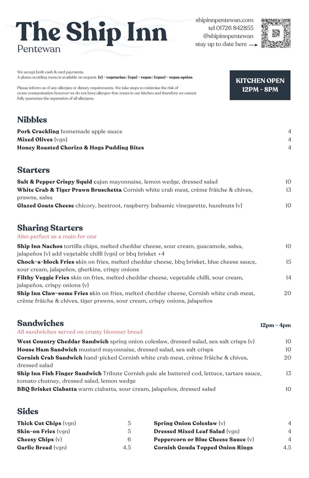 Menu at The Ship Inn, Pentewan pub & bar, Mevagissey, 31-33 W End