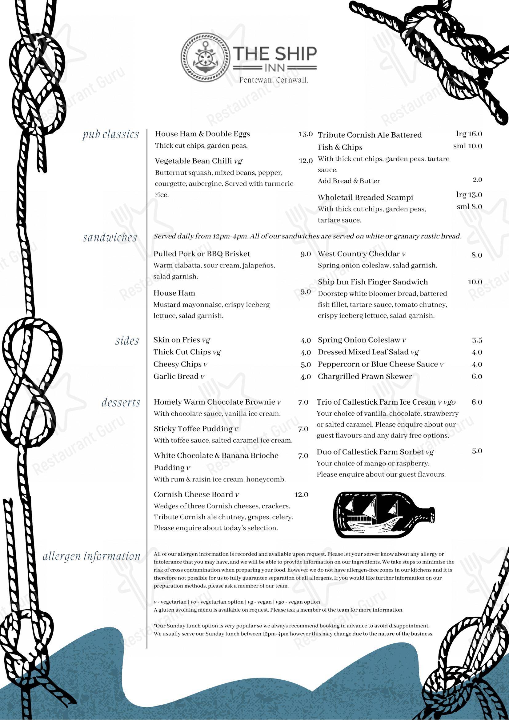 Menu at Ship Inn Pentewan pub & bar, Mevagissey, 31-33 W End