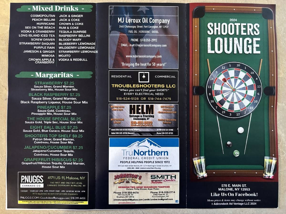 Menu at Shooter's Lounge pub & bar, Malone