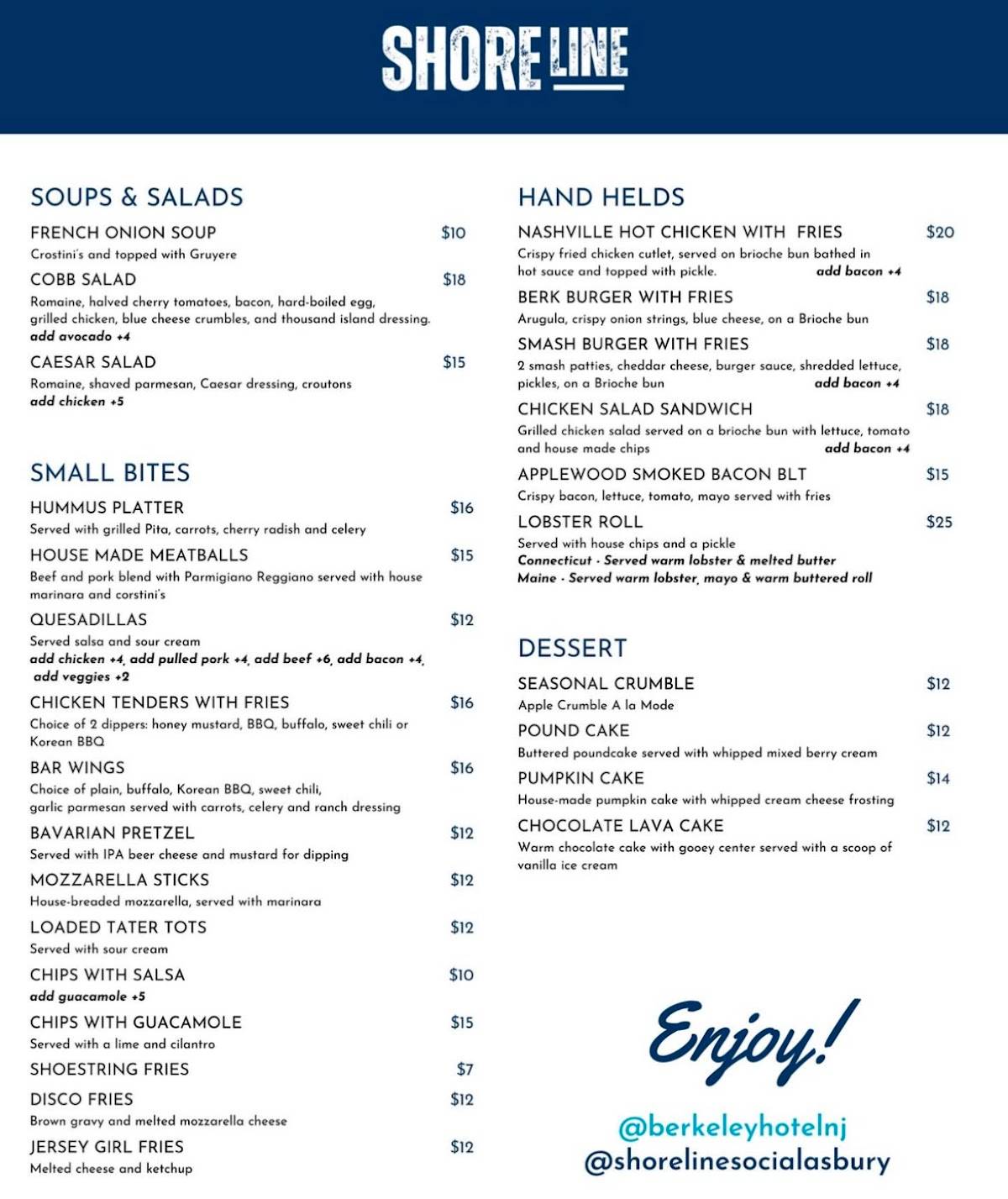 Menu at Shoreline Social Club & Grille, Asbury Park