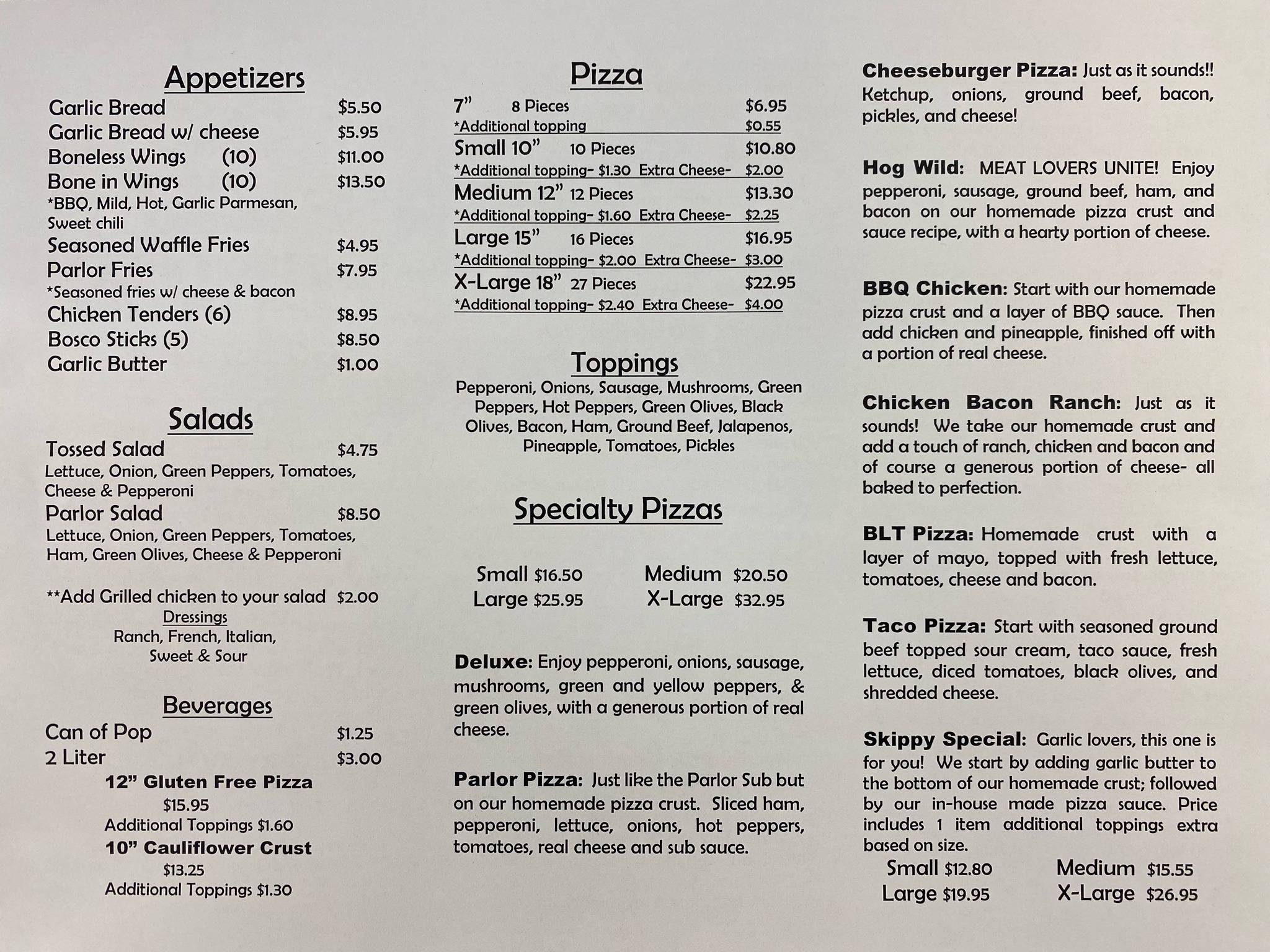 Menu at Pizza Parlor pizzeria, Shreve