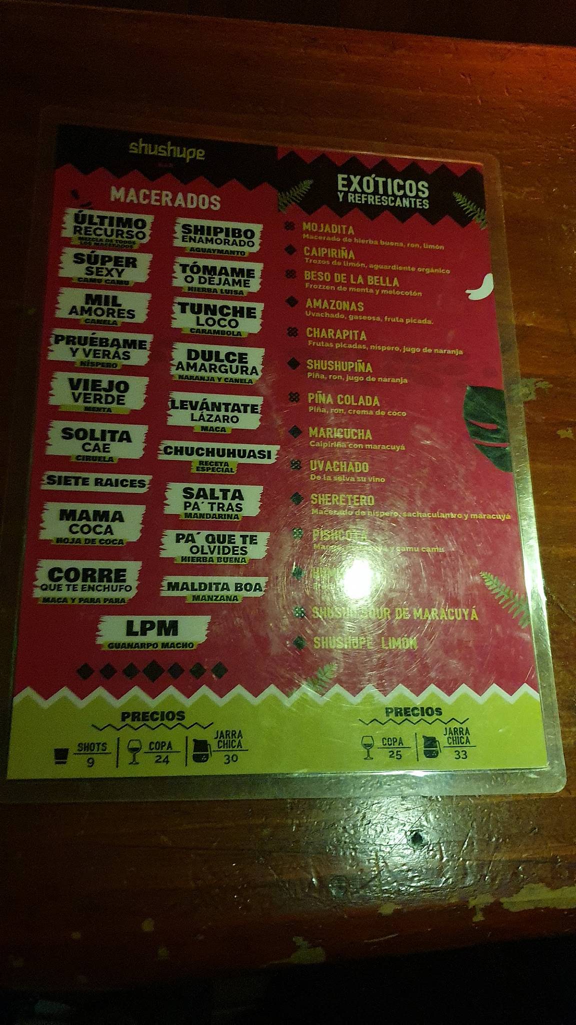 Carta de Shushupe Bar Barranco, Barranco