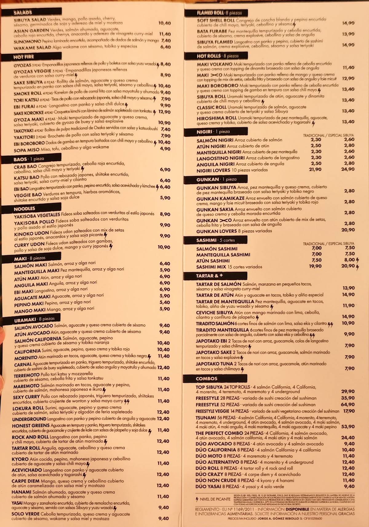 Carta de Sibuya Urban Sushi Bar Cáceres, Cáceres