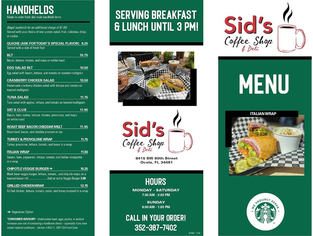 Menu at Sid's Coffee Shop & Deli cafe, Ocala
