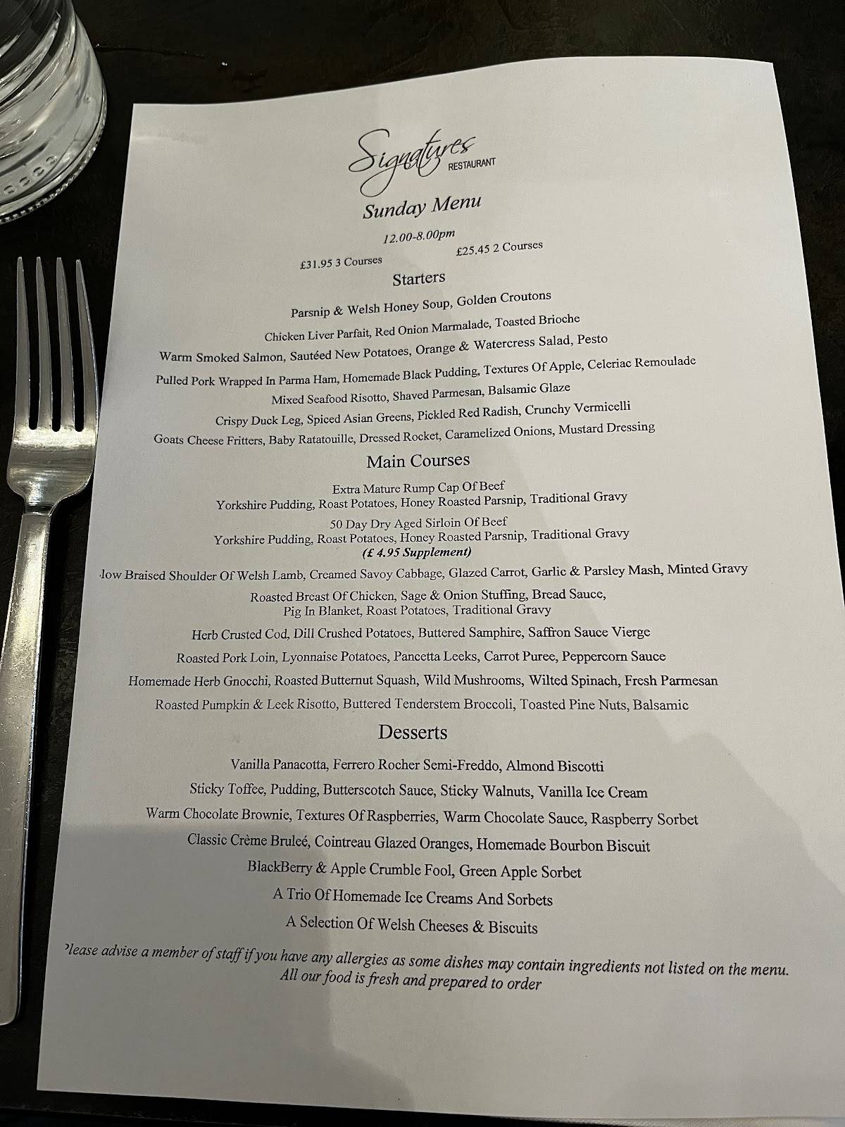Menu at Signatures Restaurant, Conwy