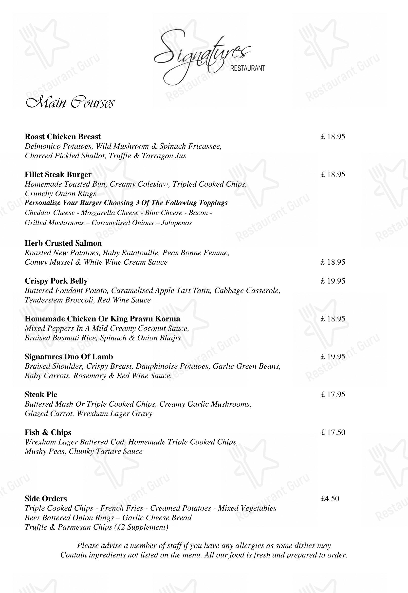 Menu at Signatures Restaurant, Conwy