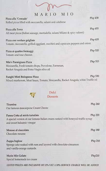Menu at Mario Mio restaurant, Silang, 5XV7+3HF