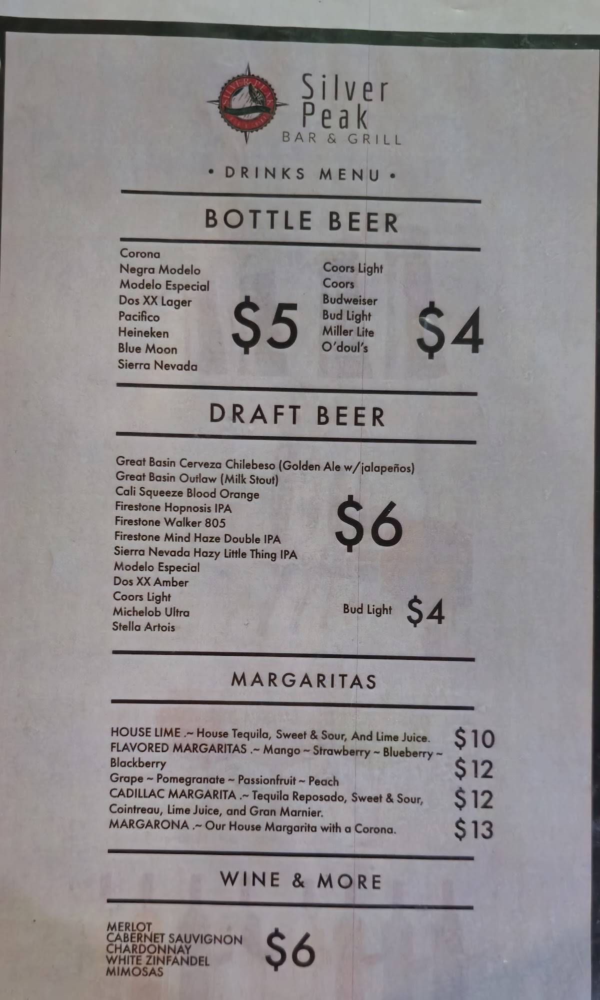 Menu at Silver Peak Bar and Grill Winnemucca, Winnemucca