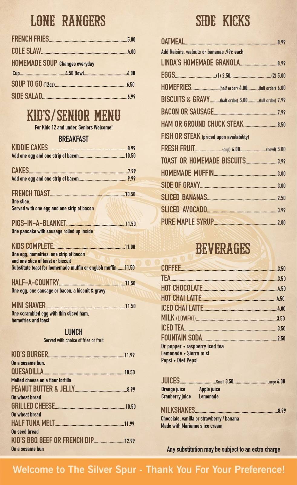 Menu at Silver Spur restaurant, Santa Cruz