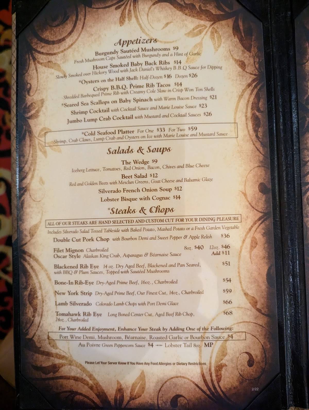 Menu at Silverado Steak House pub & bar, Las Vegas, Las Vegas Blvd S