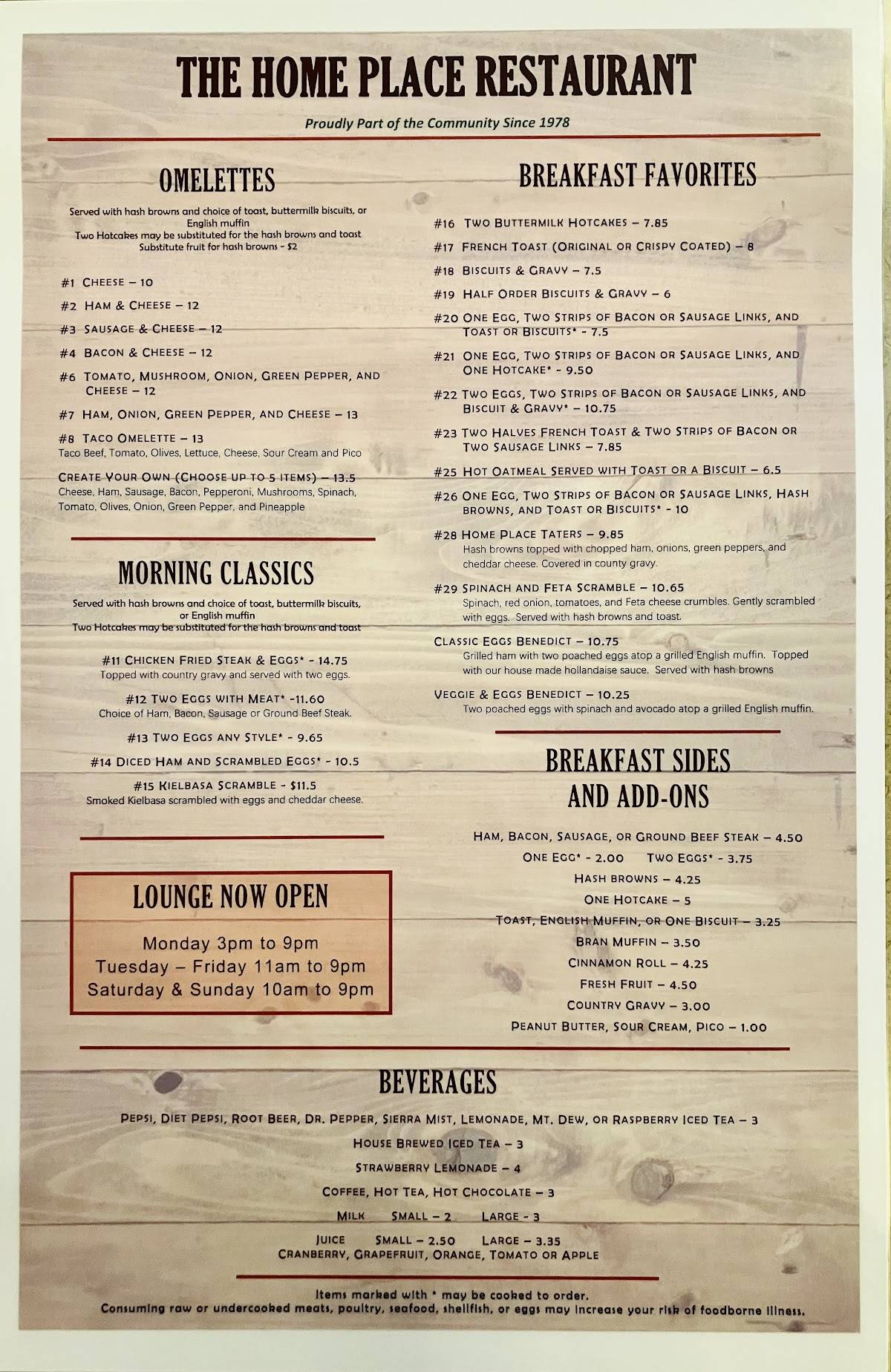 Menu at The Home Place Restaurant, Silverton