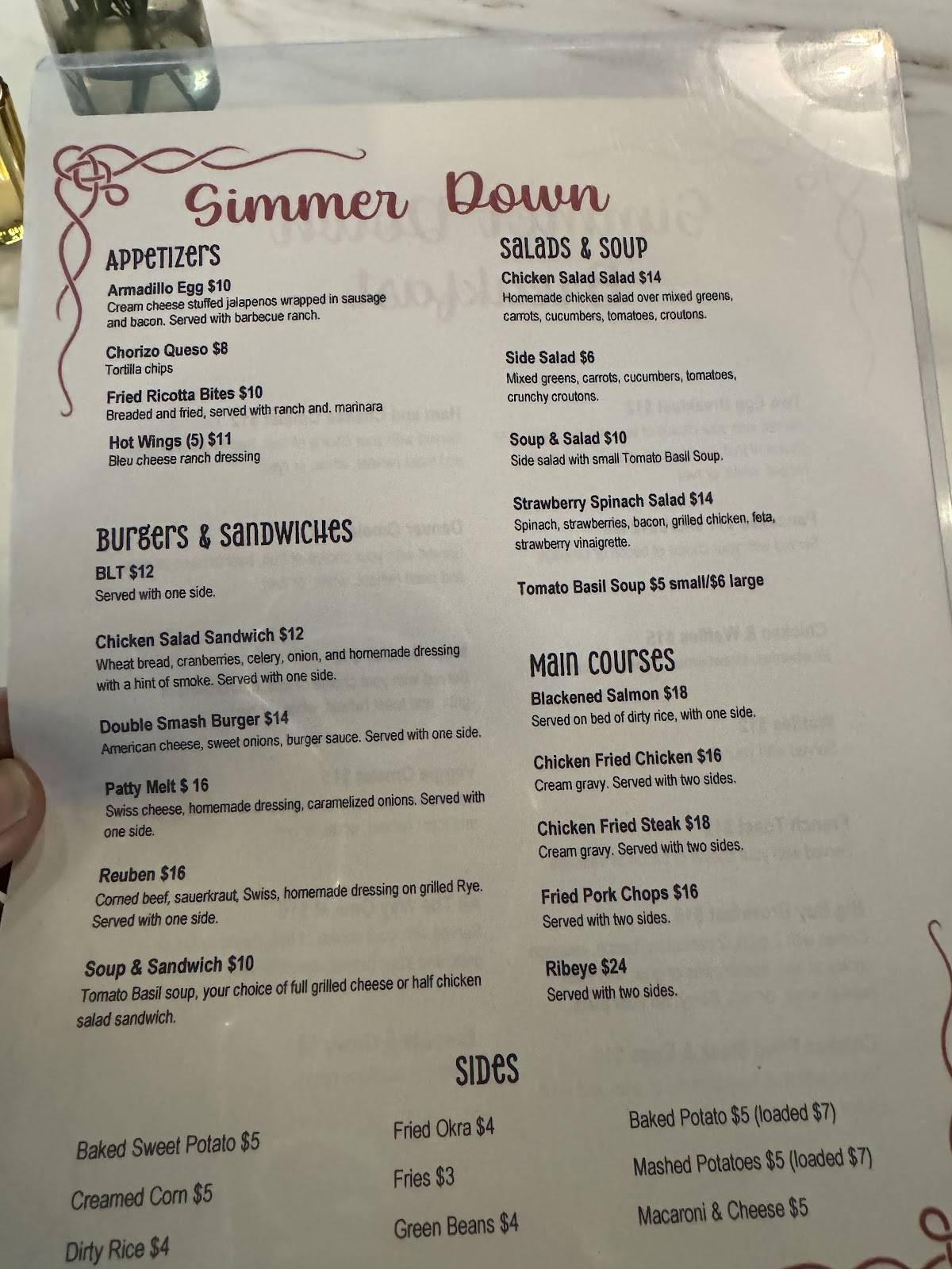 Menu at Simmer Down Cafe, Georgetown