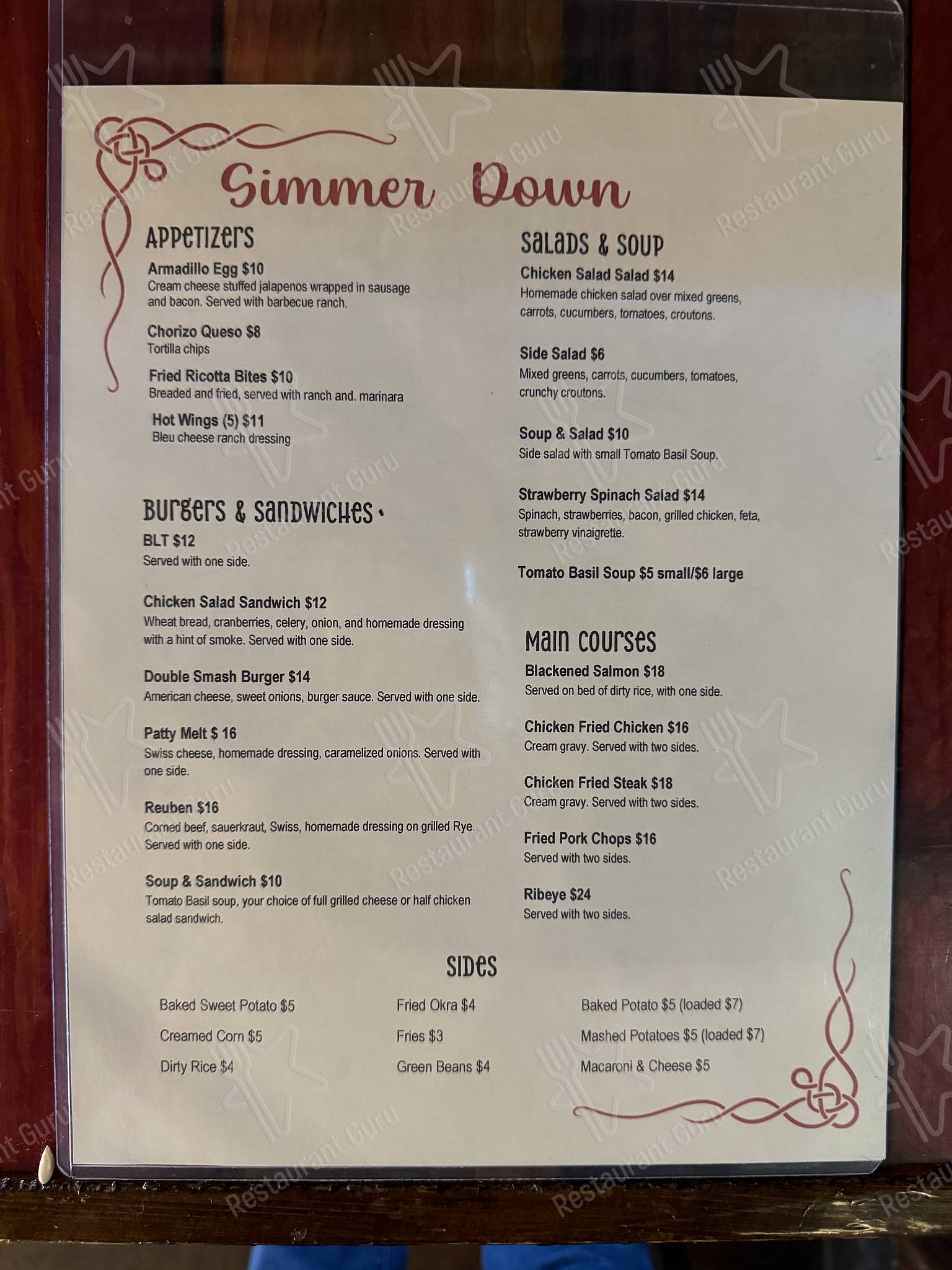 Menu at Simmer Down Cafe, Georgetown