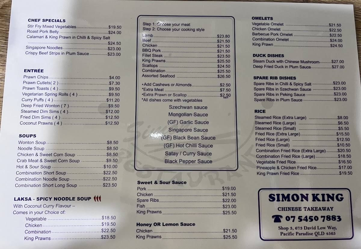 Menu at Simon King Chinese (Take away only) restaurant, Mudjimba