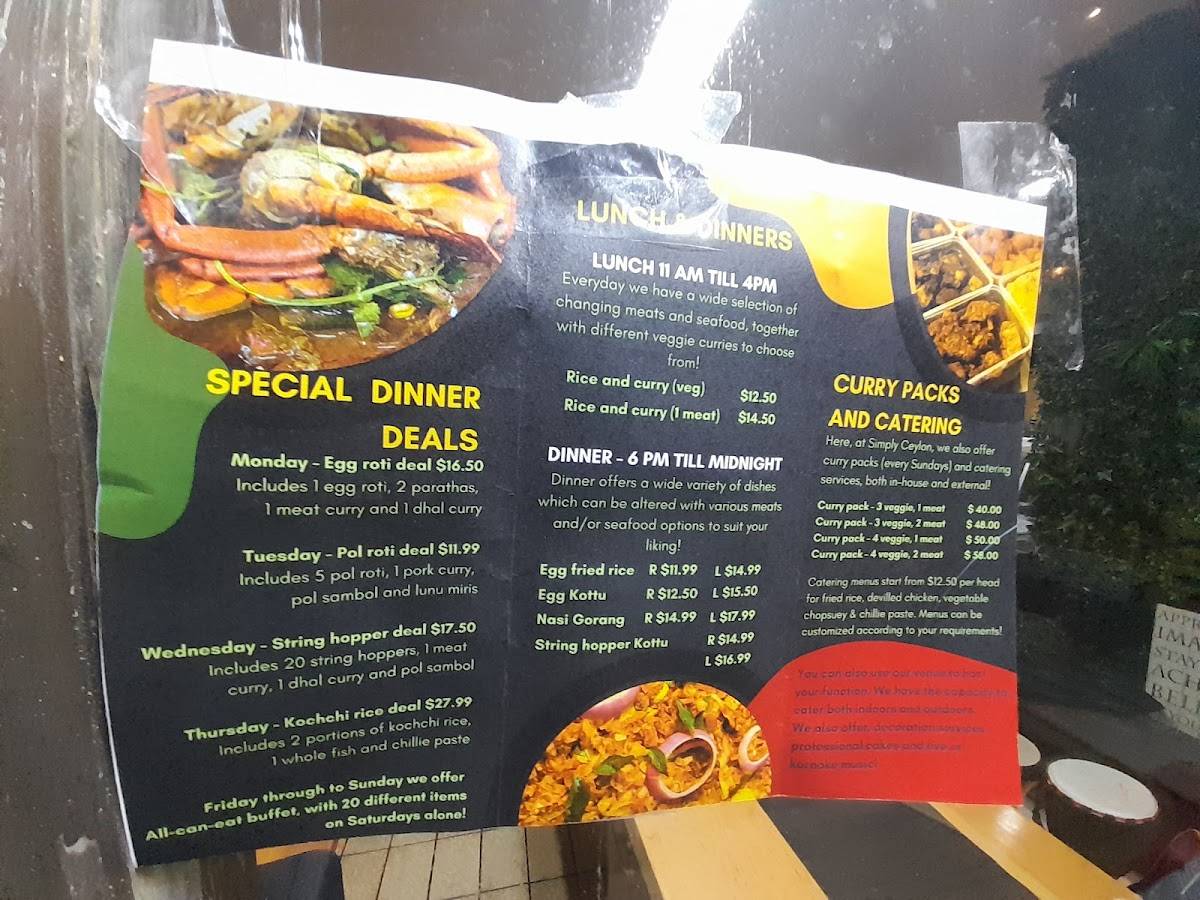 Menu at Simply Ceylon restaurant, Keysborough