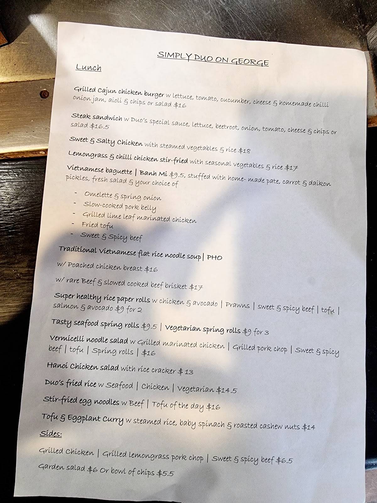 Menu at Simply Duo On George cafe, Brisbane City