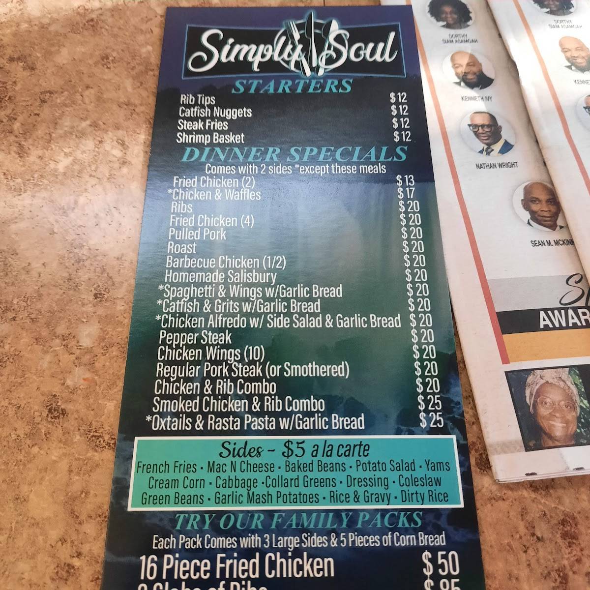 Menu at Simply Soul restaurant, Niagara Falls