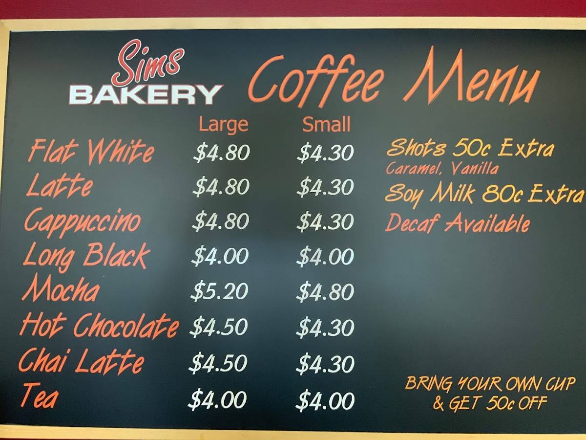Menu at Sim's Bakery, Ashburton, 123 Archibald St